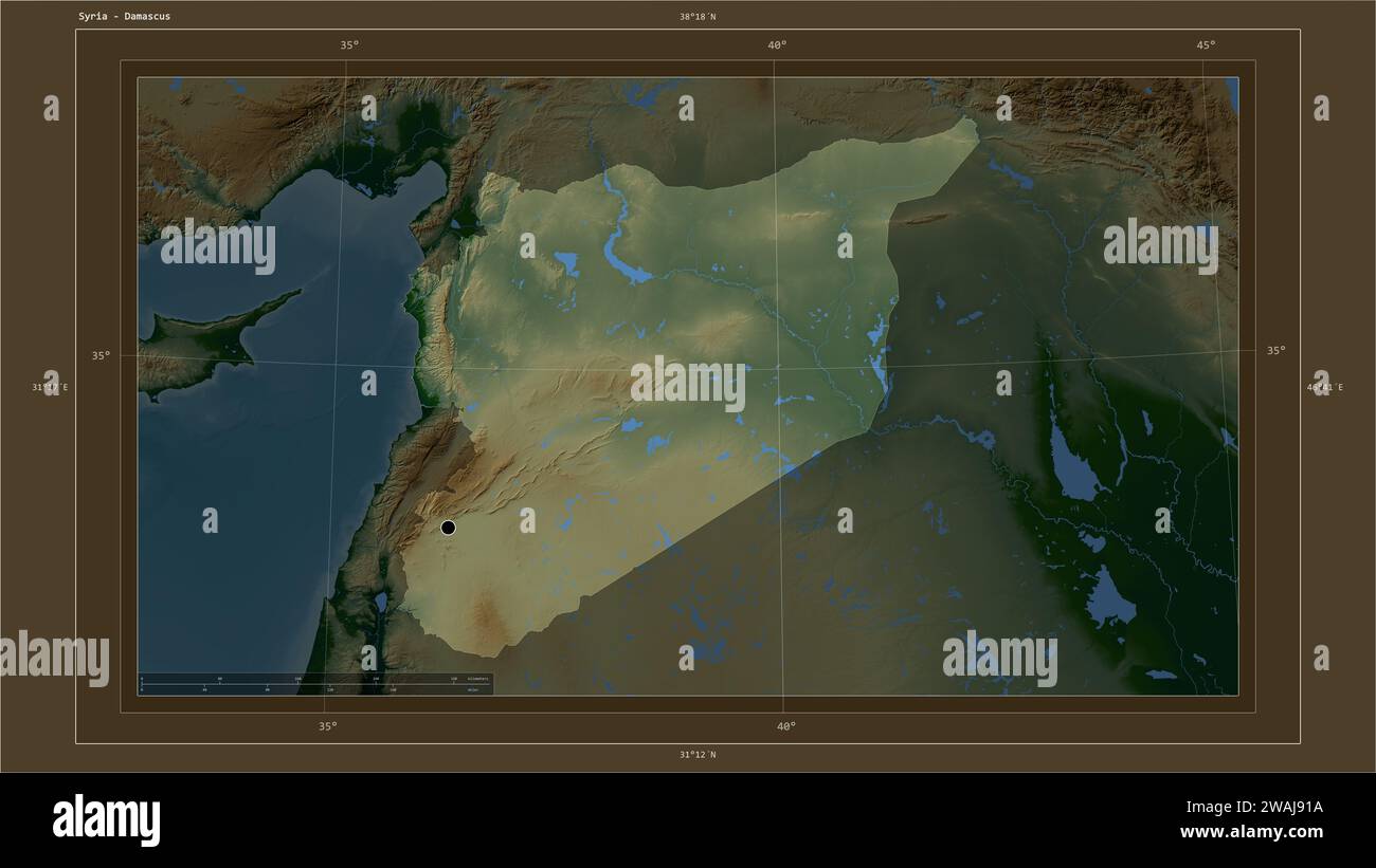 Syria highlighted on a Colored elevation map with lakes and rivers map ...