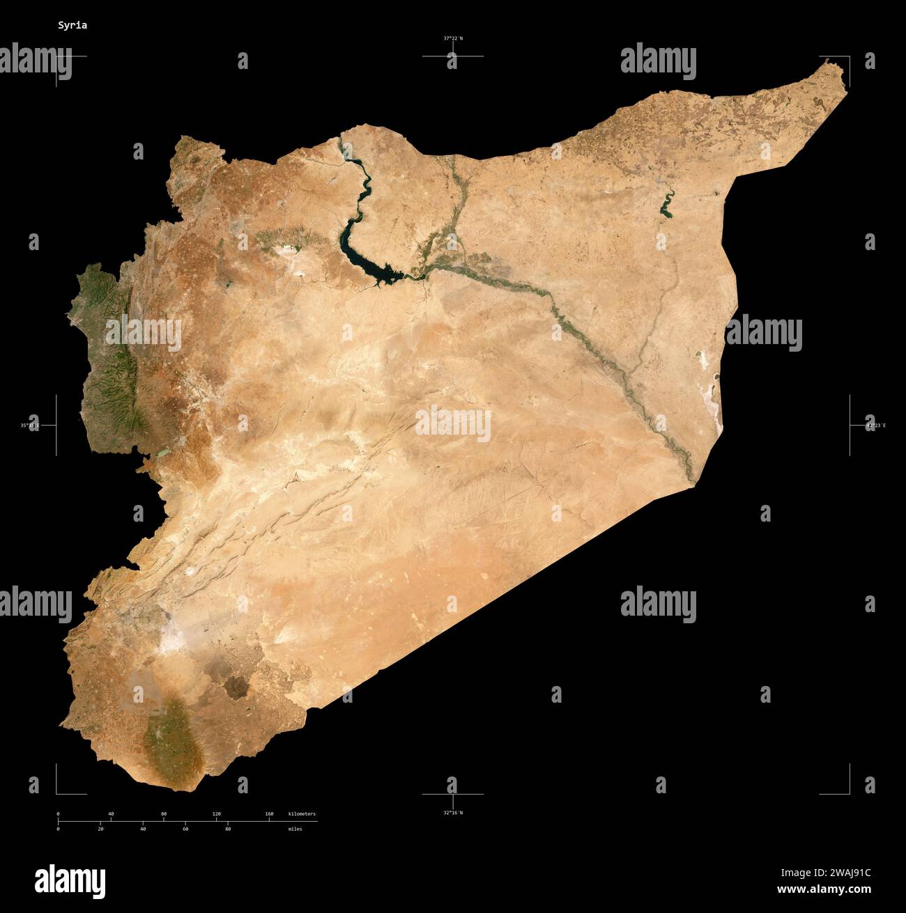 Shape of a low resolution satellite map of the Syria, with distance ...