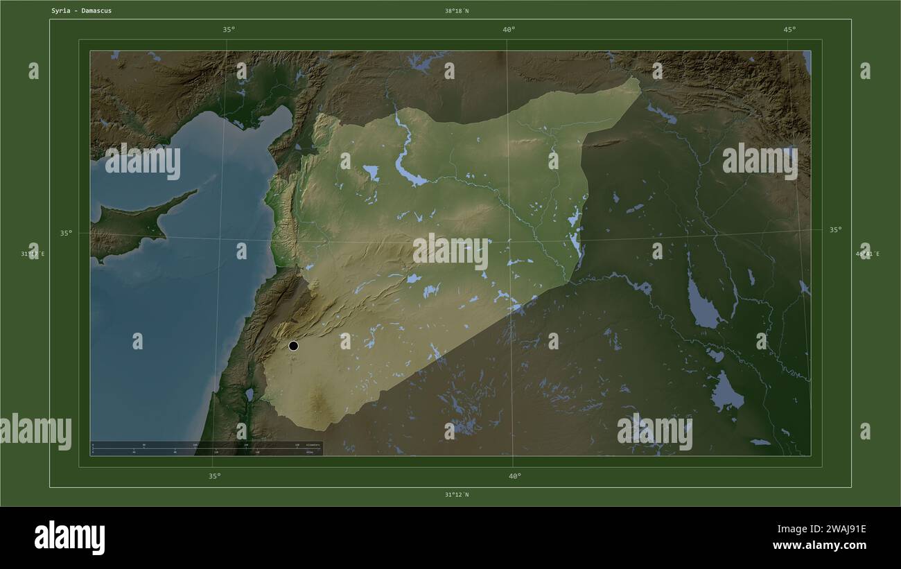 Syria highlighted on a Pale colored elevation map with lakes and rivers ...