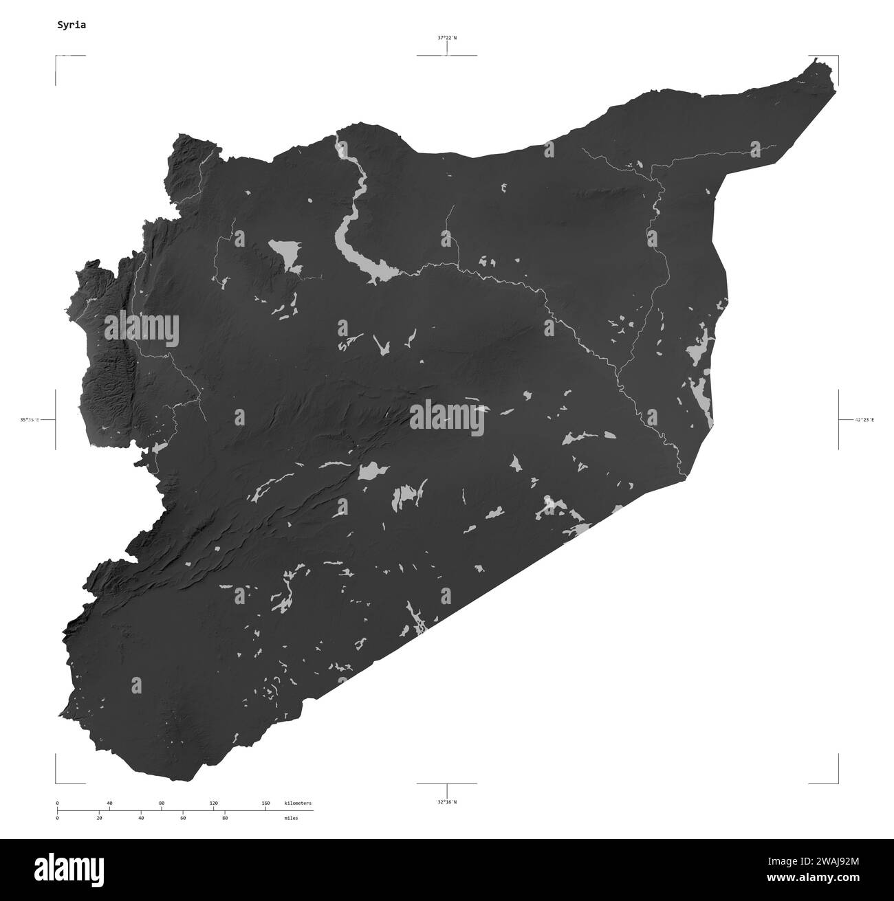 Shape of a Grayscale elevation map with lakes and rivers of the Syria ...