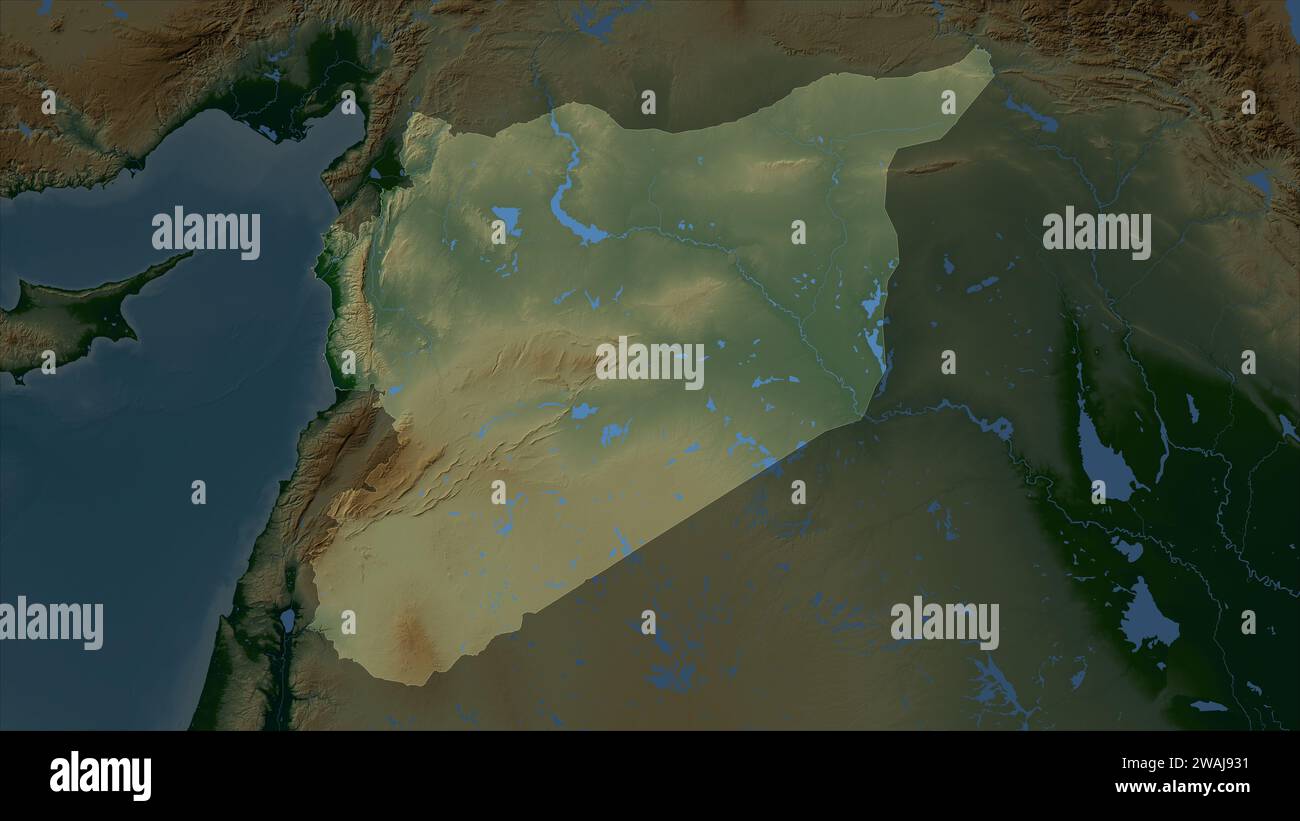 Syria highlighted on a Colored elevation map with lakes and rivers ...