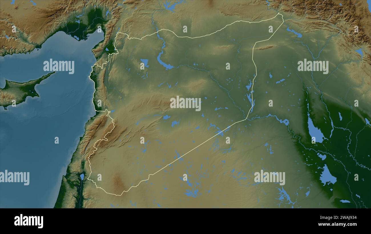 Syria outlined on a Colored elevation map with lakes and rivers Stock ...