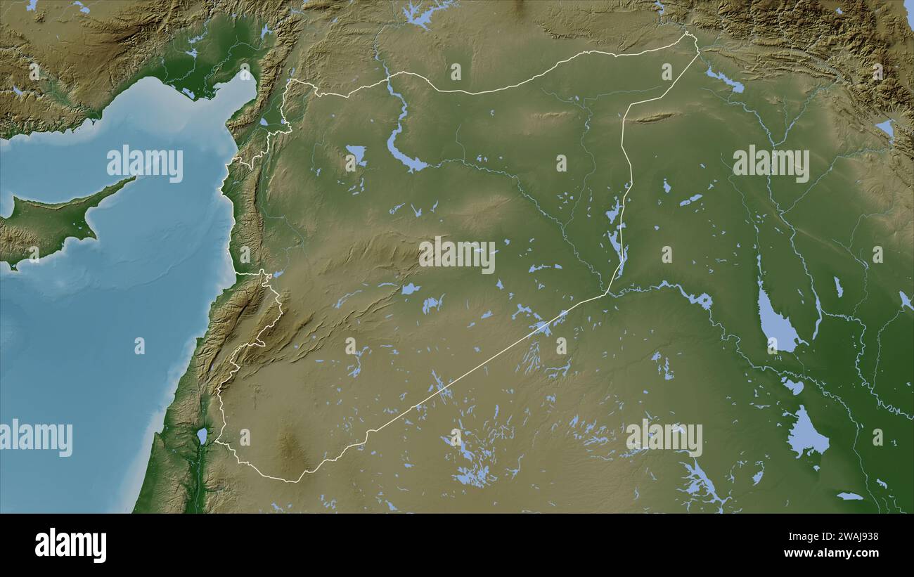 Syria outlined on a Pale colored elevation map with lakes and rivers ...
