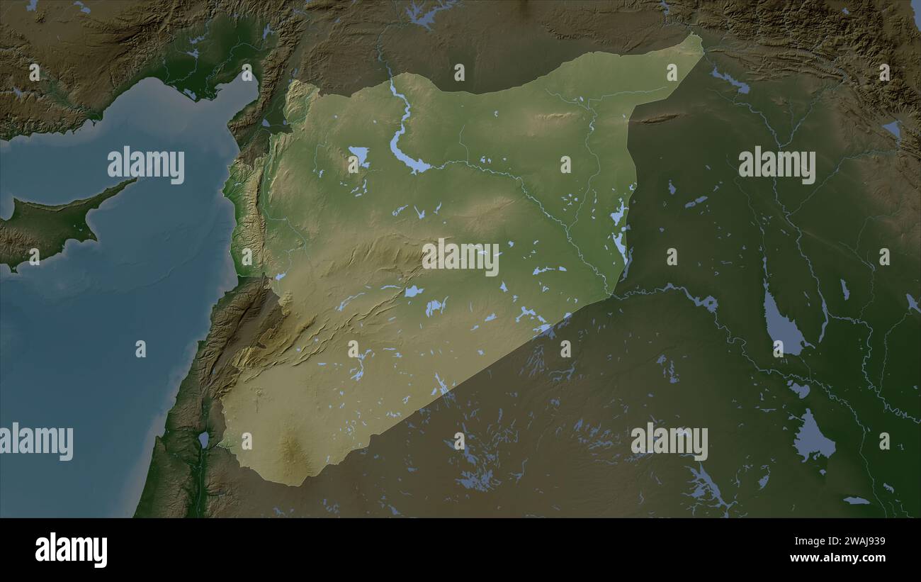Syria highlighted on a Pale colored elevation map with lakes and rivers ...