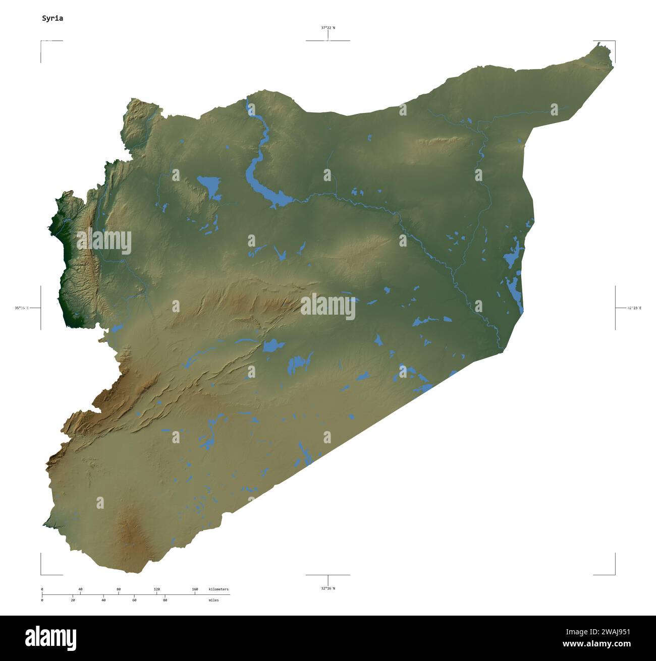Shape of a Colored elevation map with lakes and rivers of the Syria, with distance scale and map ...