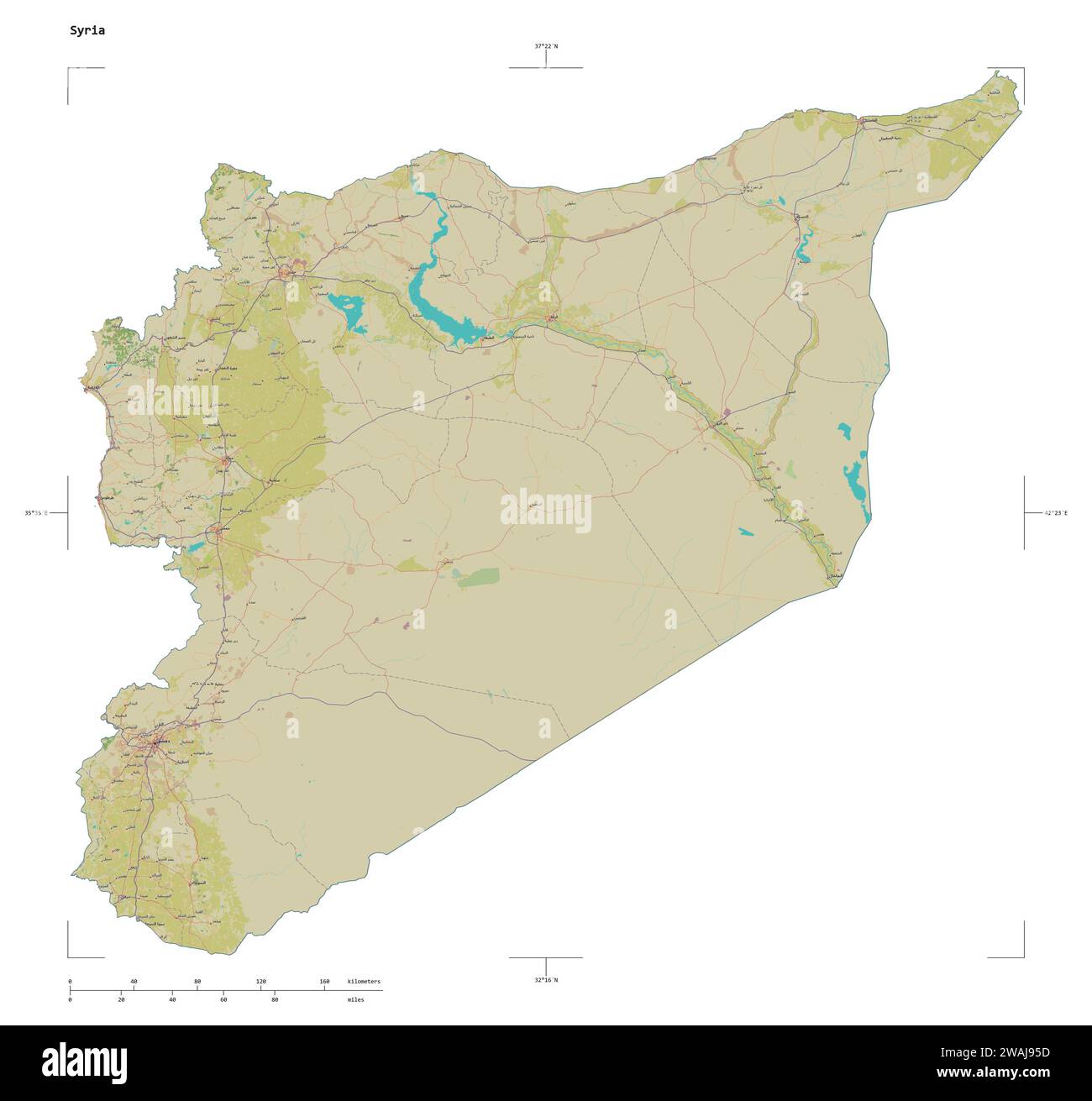 Shape of a topographic, OSM Humanitarian style map of the Syria, with ...