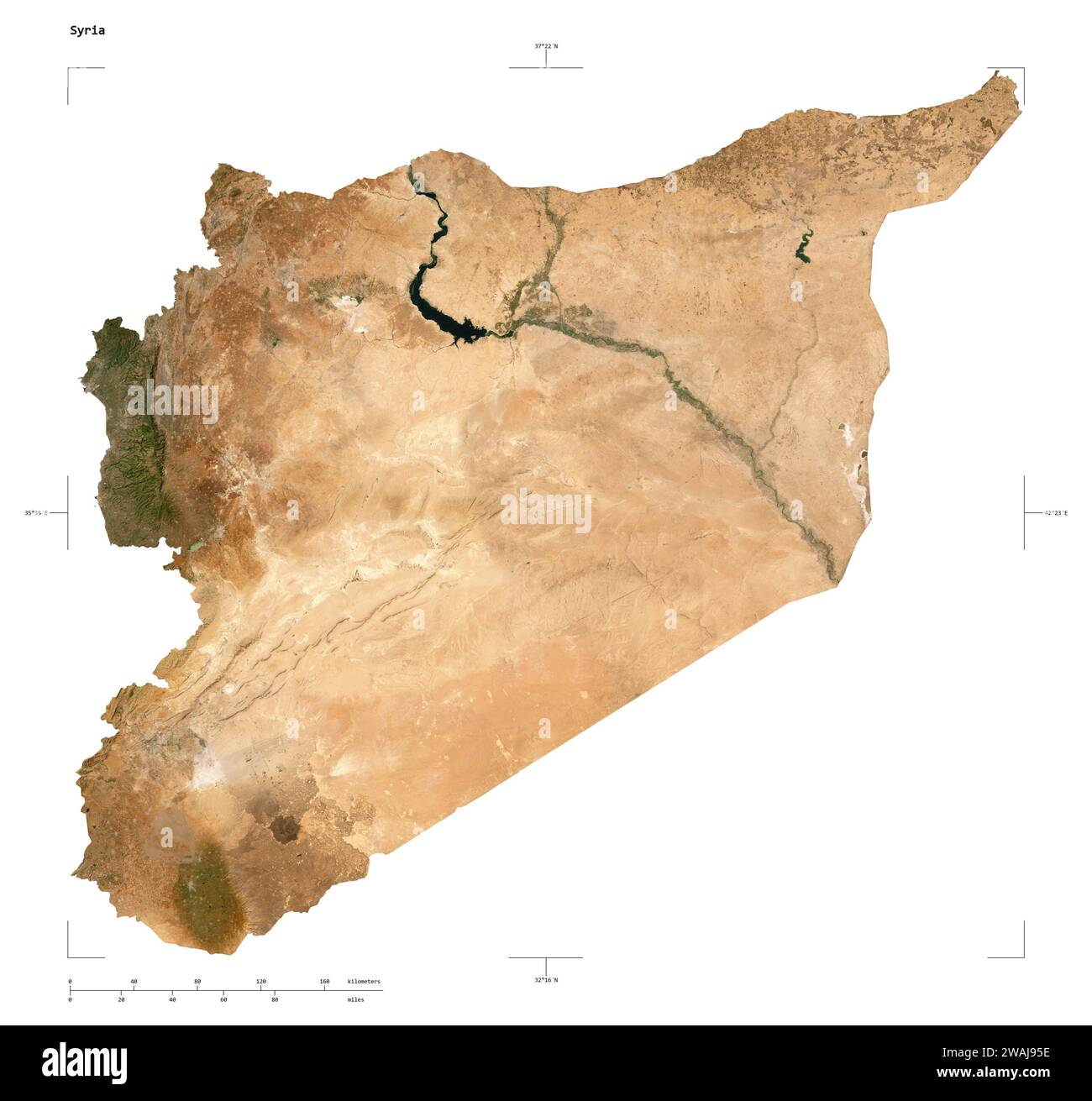 Shape of a low resolution satellite map of the Syria, with distance ...