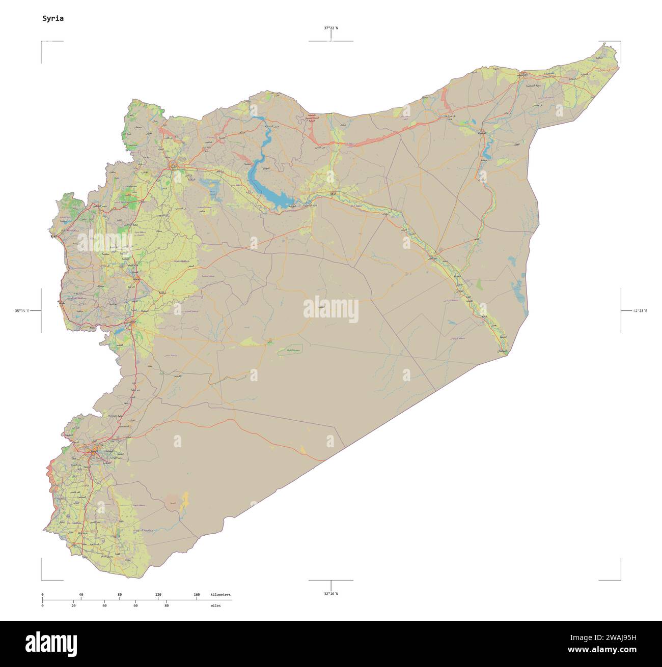 Shape of a topographic, OSM standard style map of the Syria, with distance scale and map border ...