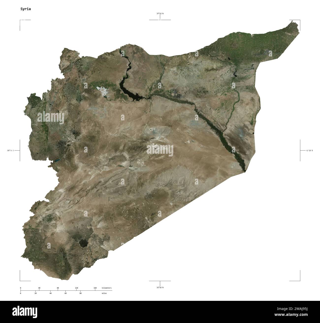 Shape of a high resolution satellite map of the Syria, with distance scale and map border ...