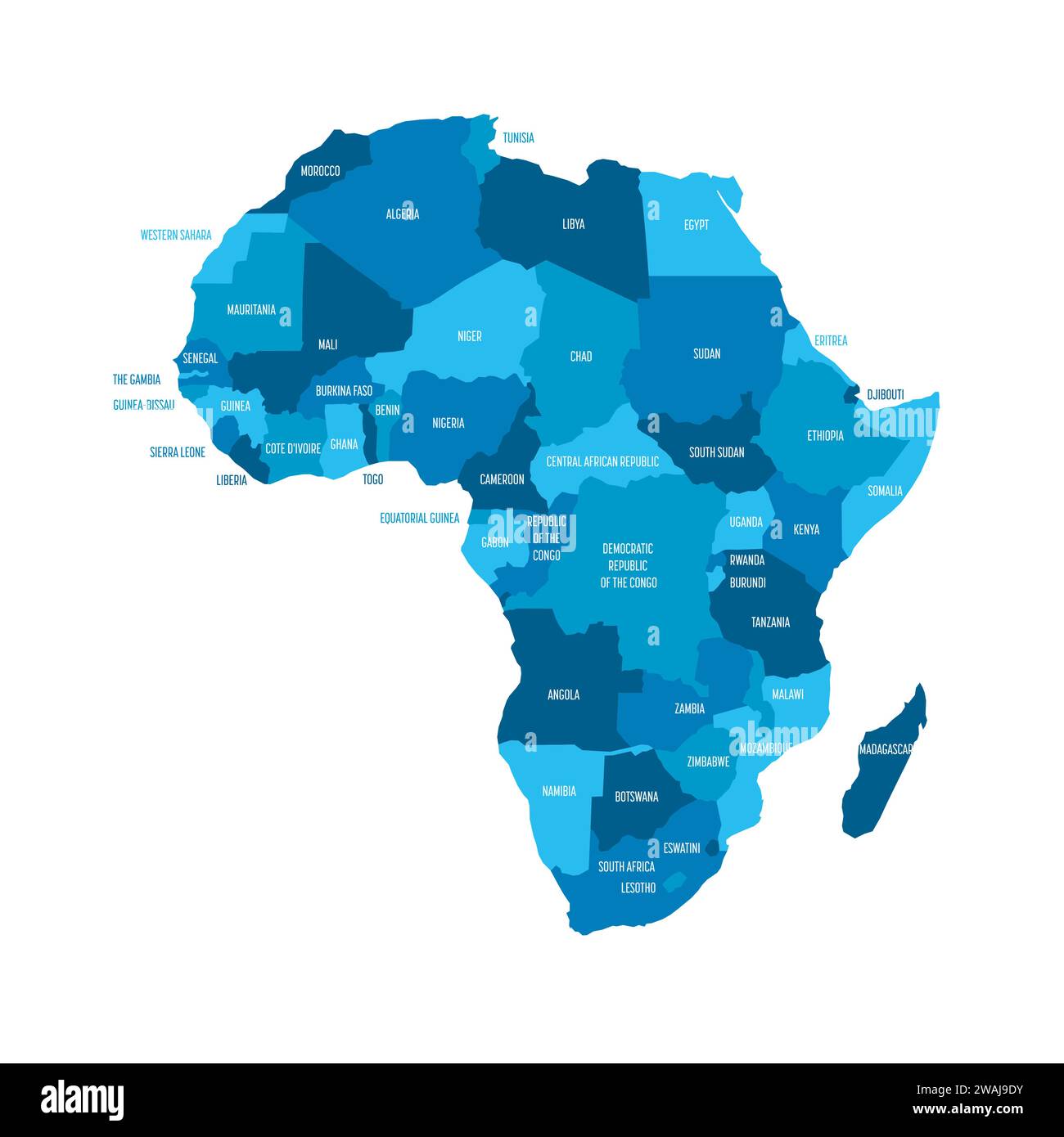 Political map of Africa. Blue colored land with country name labels on ...