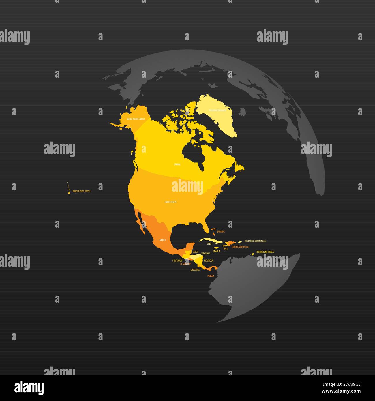 Political map of North America. Yellow colored land with country name ...