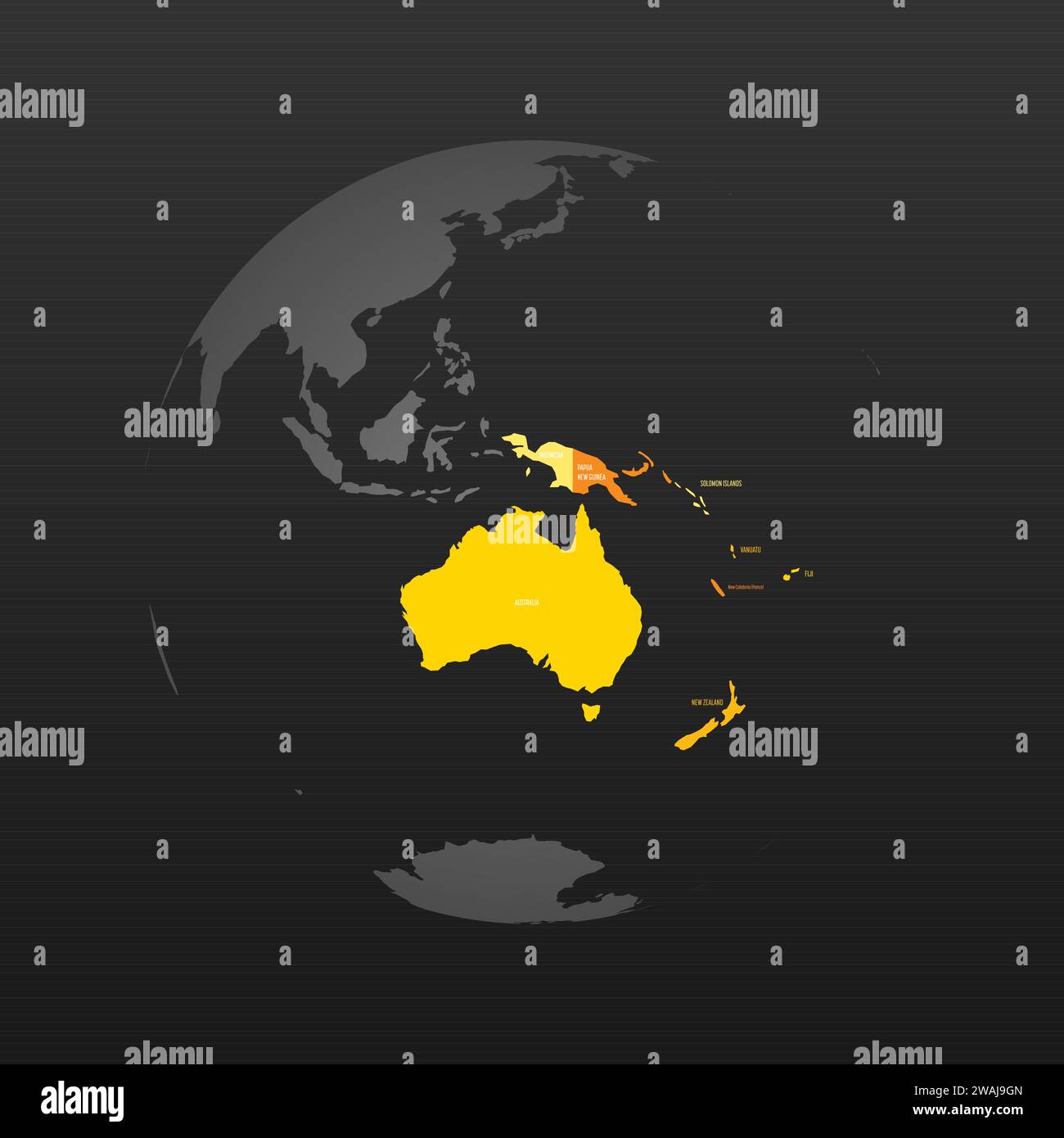 Political map of Australia. Yellow colored land with country name labels on dark gray background ...