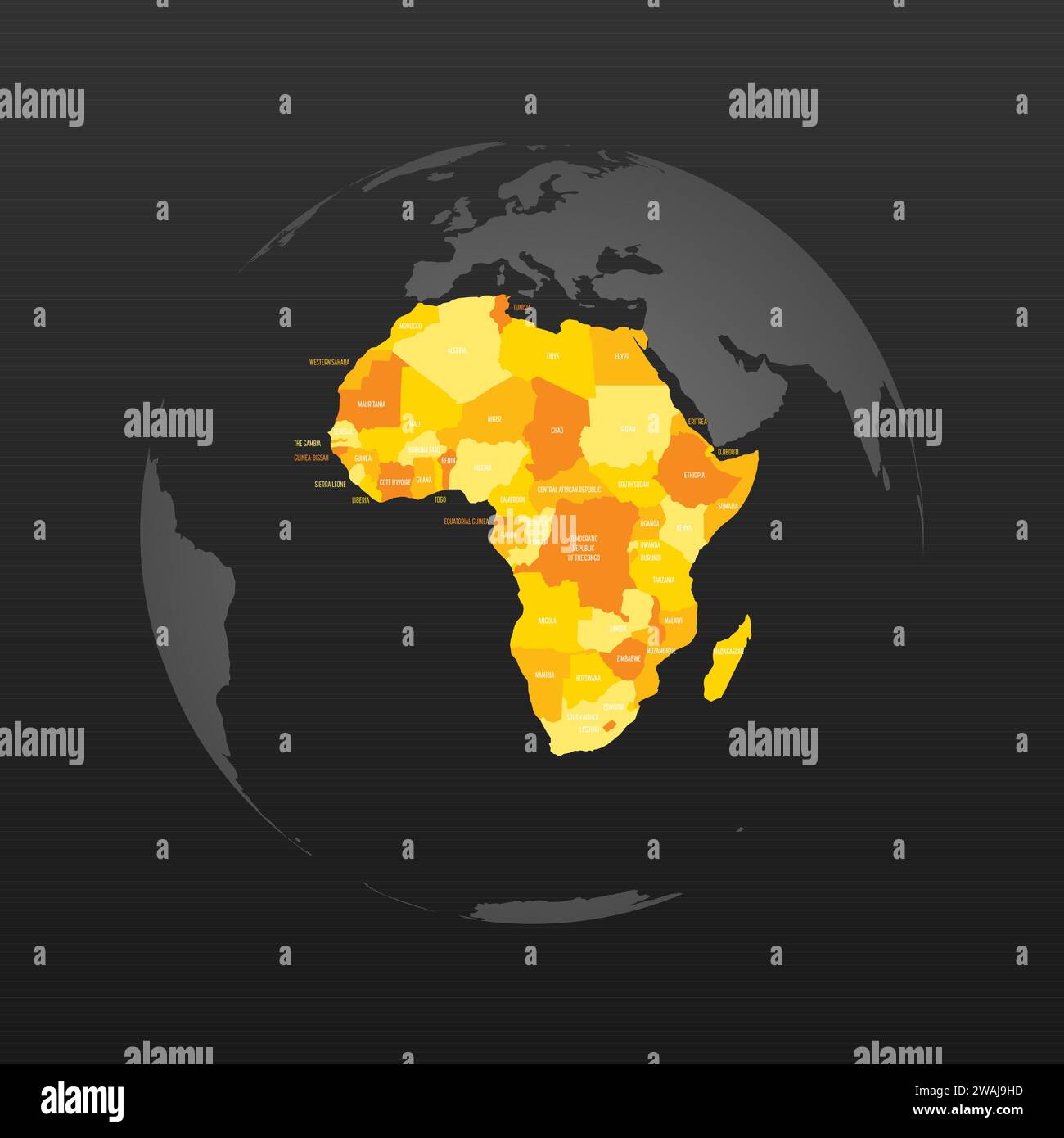 Political map of Africa. Yellow colored land with country name labels ...