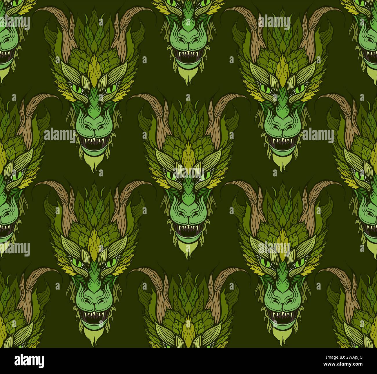 Vector seamless pattern with cartoon roaring dragon on green background ...