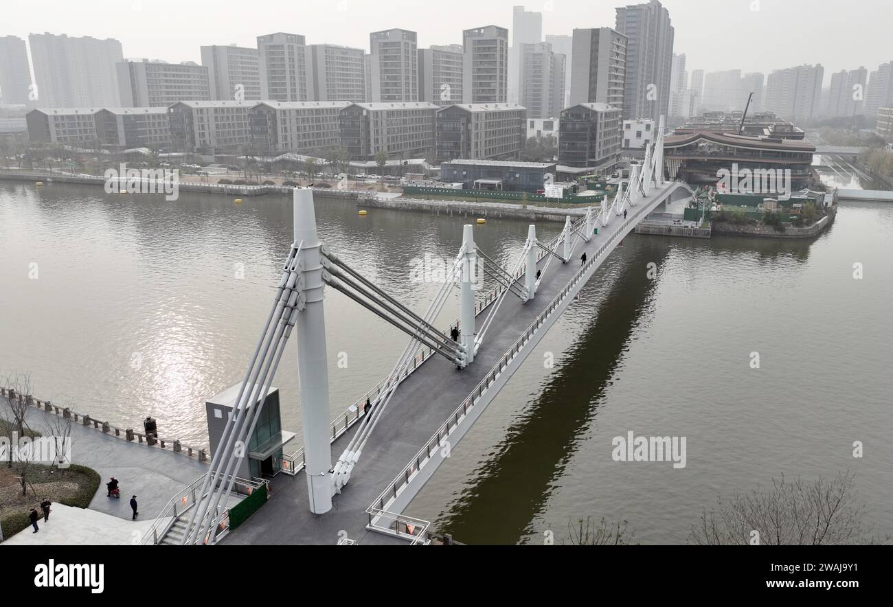 Aerial photo shows a pedestrian bridge over the Grand Canal in Hangzhou ...