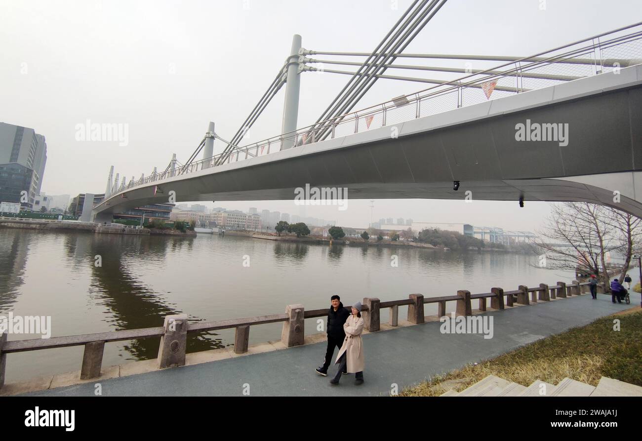 Aerial photo shows a pedestrian bridge over the Grand Canal in Hangzhou ...