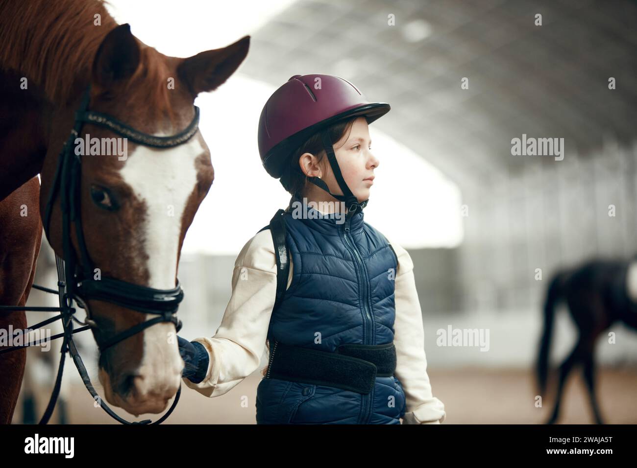 Little girl, child in special uniform and helmet walking with horse ...