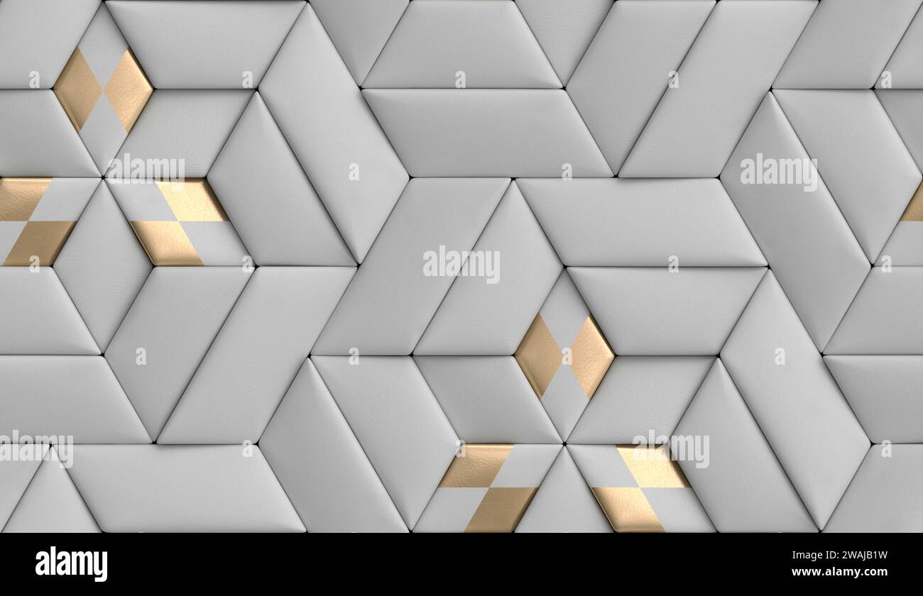3D soft geometry tiles made from gray leather with golden decor. High ...