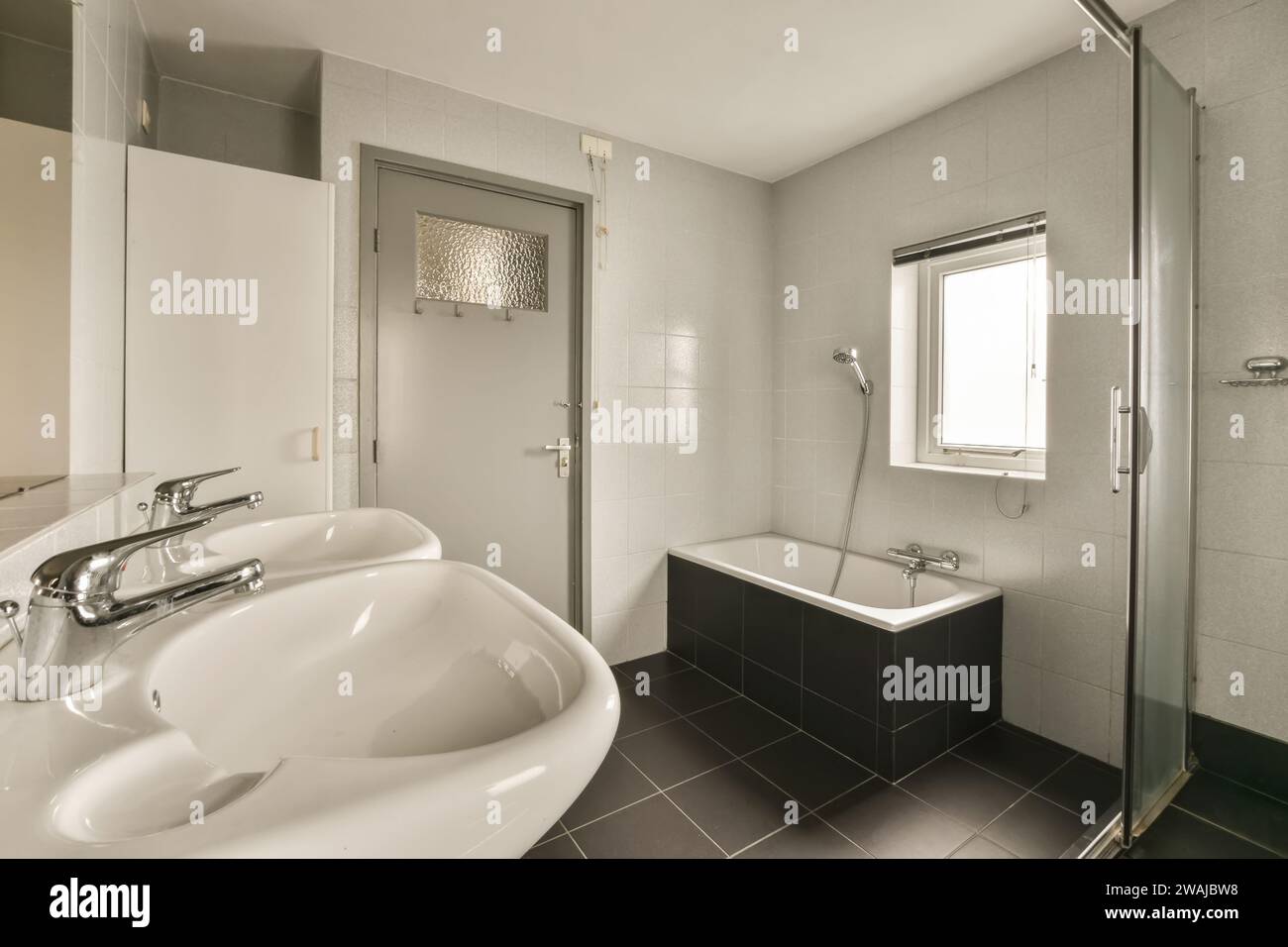 Two ceramic sinks with bathtub and window by shower booth in spacious ...