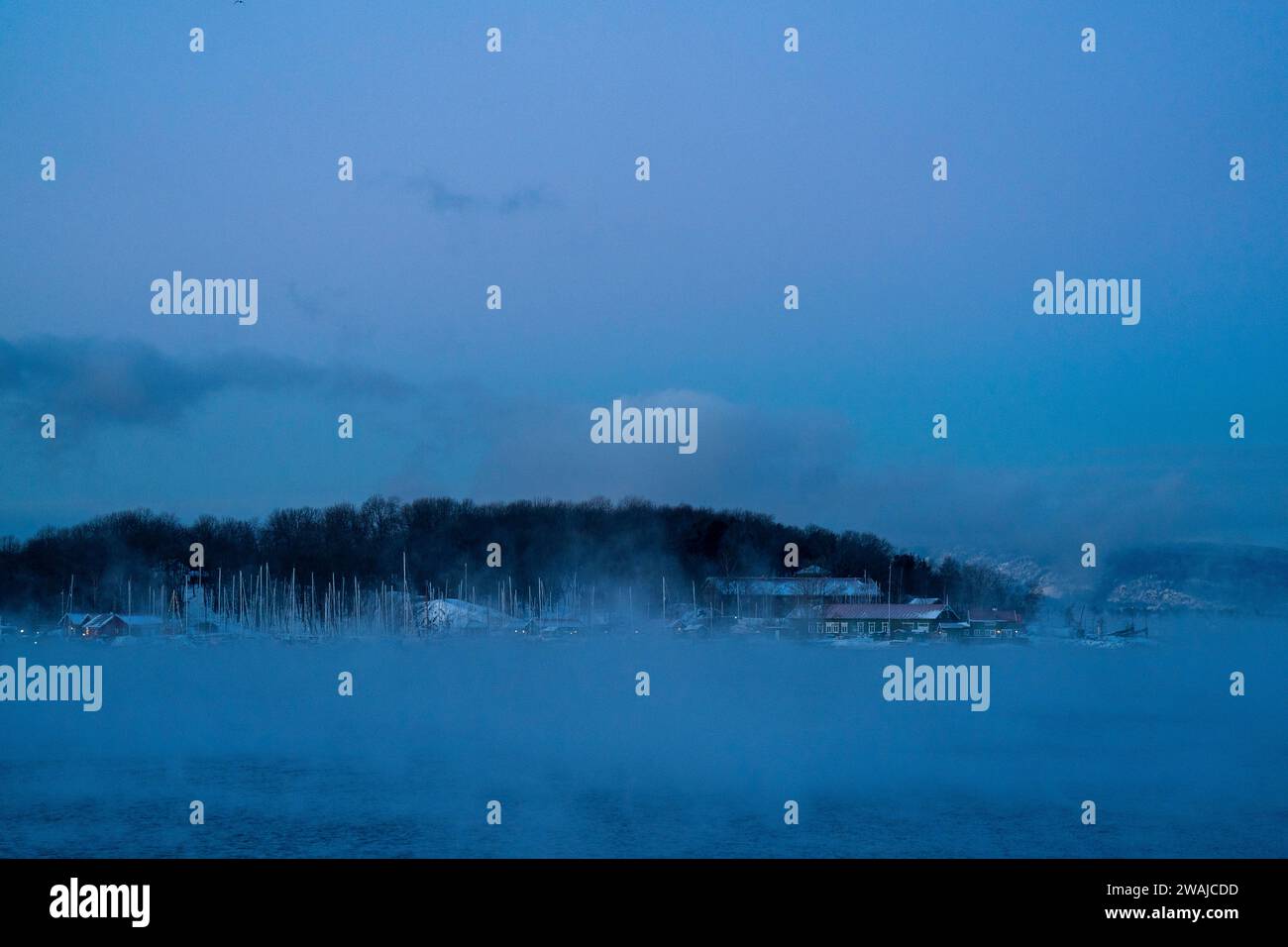 Oslo 20240105.Boats are moored on Hovedoya in the Oslofjord. The ...