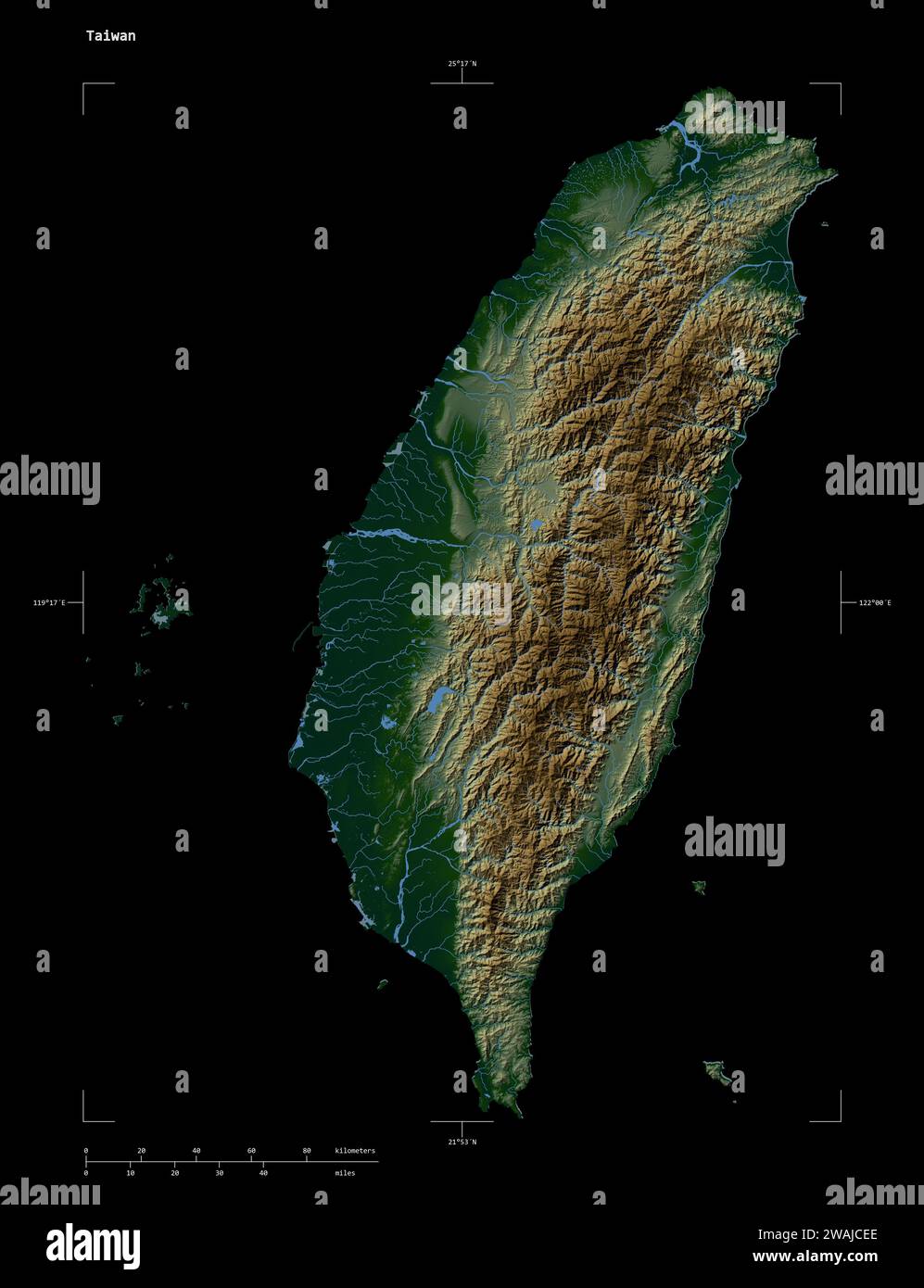 Shape of a Colored elevation map with lakes and rivers of the Taiwan ...