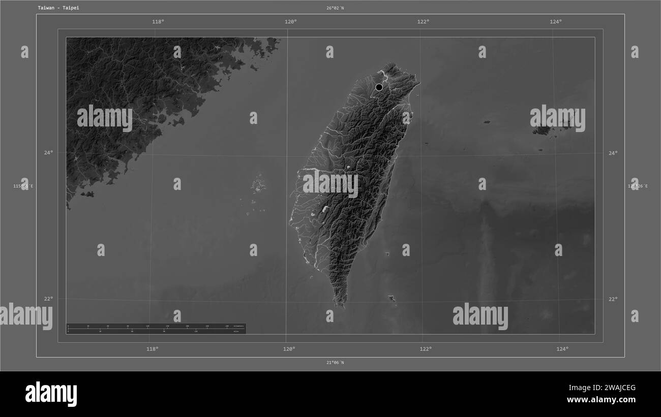 Taiwan highlighted on a Grayscale elevation map with lakes and rivers ...