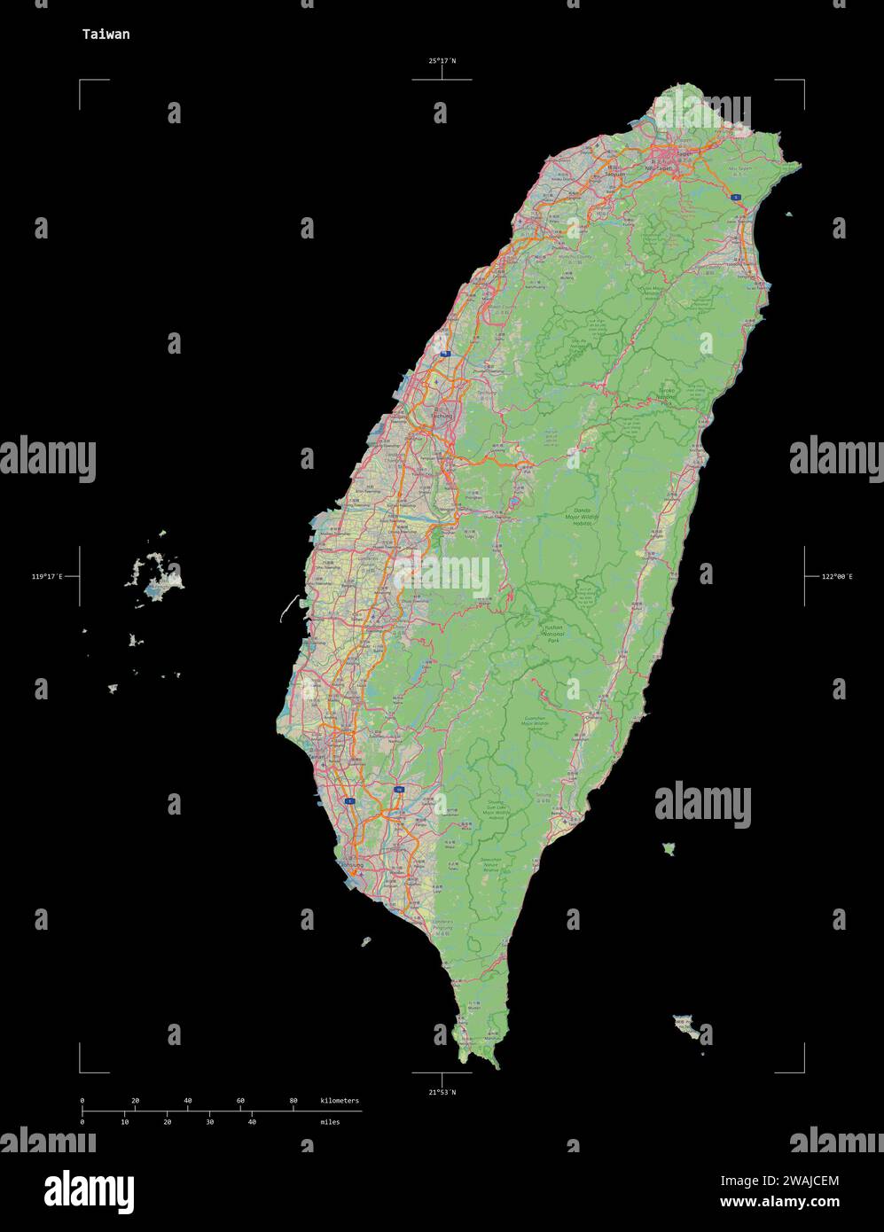 Shape of a topographic, OSM Germany style map of the Taiwan, with ...