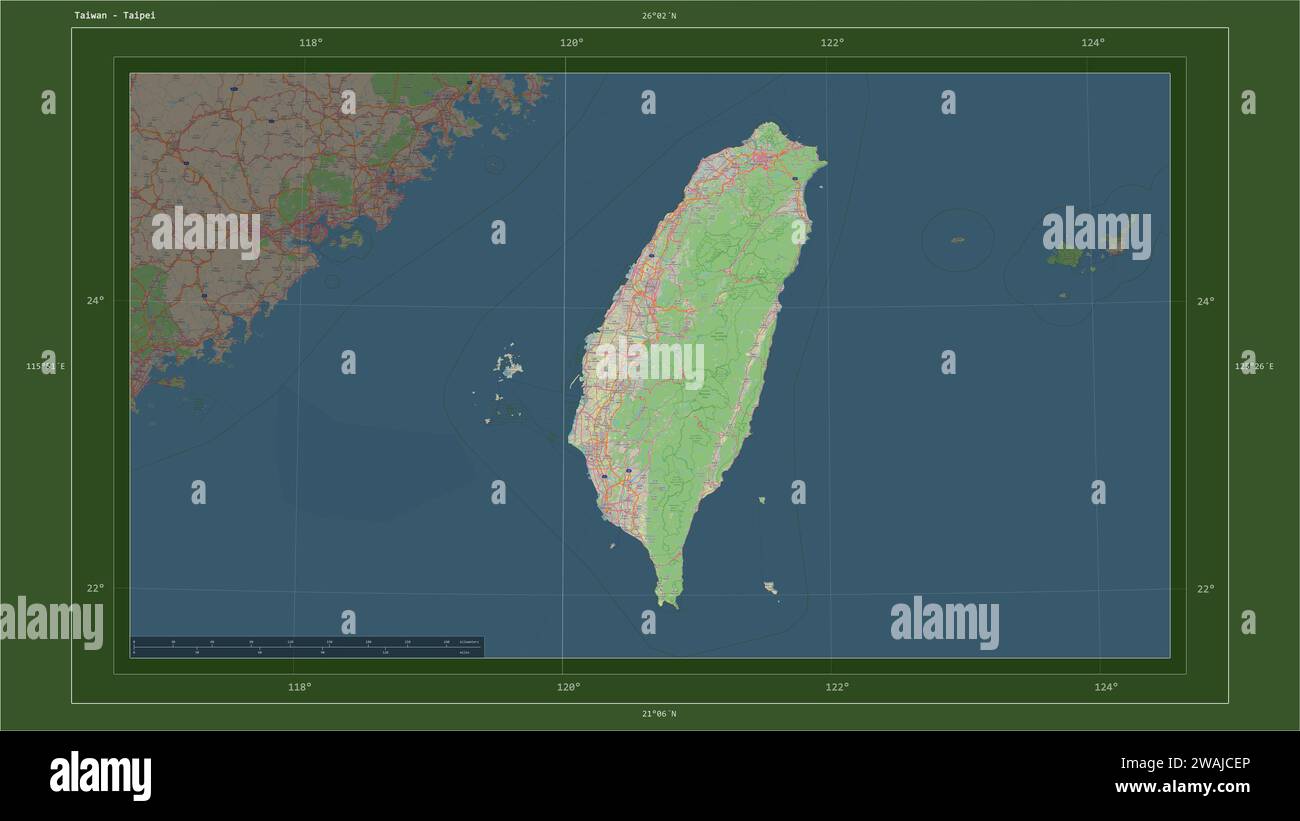 Taiwan highlighted on a topographic, OSM Germany style map map with the ...