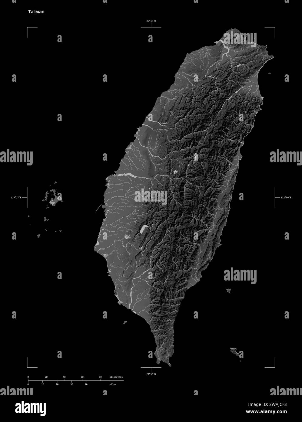 Shape of a Grayscale elevation map with lakes and rivers of the Taiwan ...