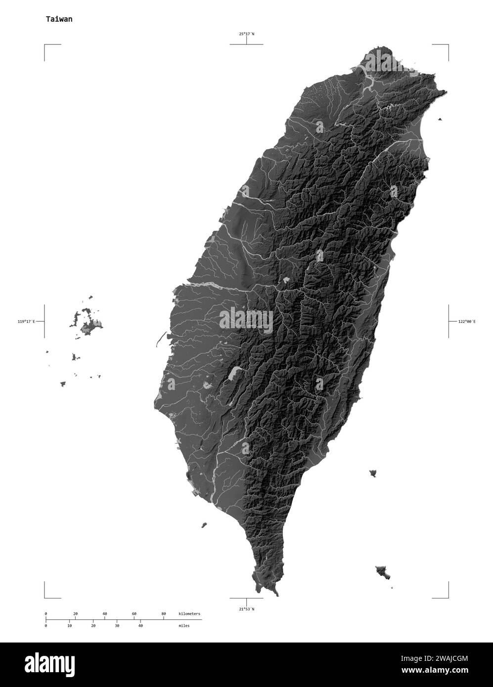 Shape of a Grayscale elevation map with lakes and rivers of the Taiwan ...