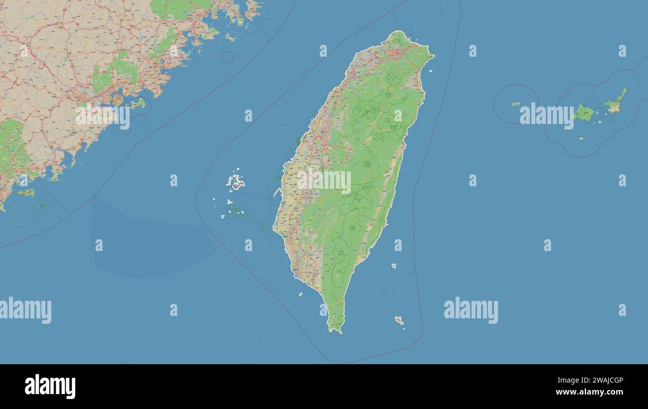 Taiwan outlined on a topographic, OSM standard style map Stock Photo ...