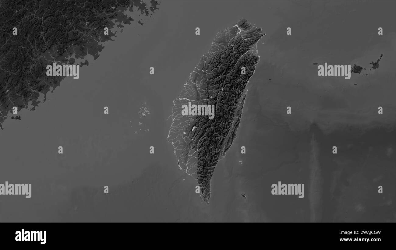 Taiwan highlighted on a Grayscale elevation map with lakes and rivers ...