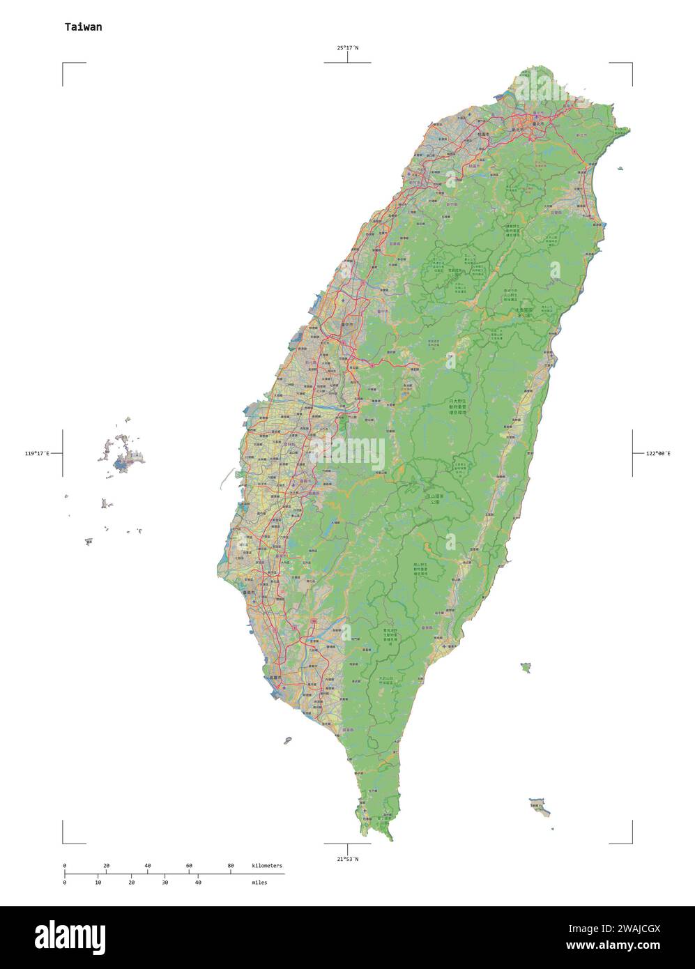 Shape of a topographic, OSM standard style map of the Taiwan, with ...