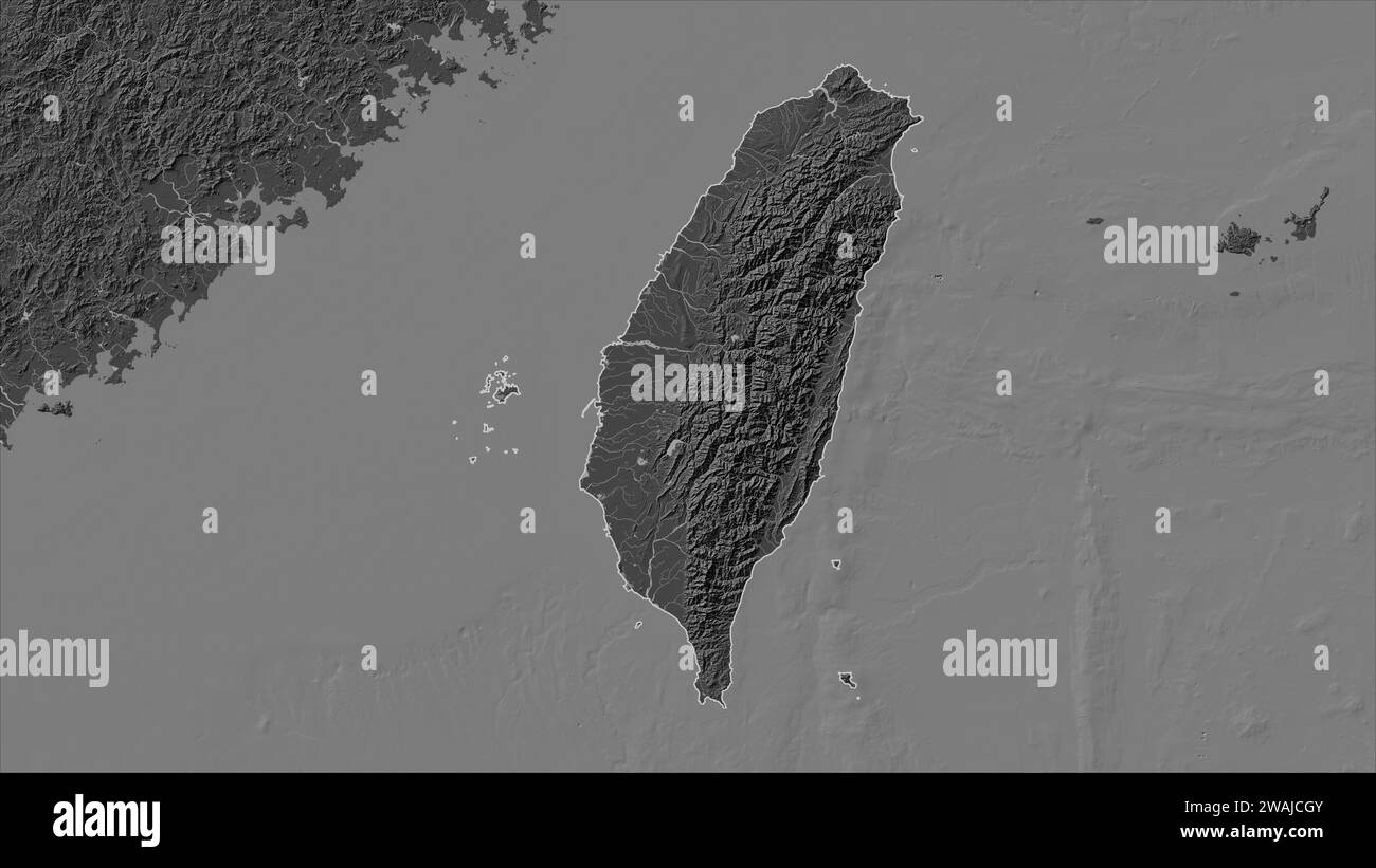 Taiwan outlined on a Bilevel elevation map with lakes and rivers Stock ...