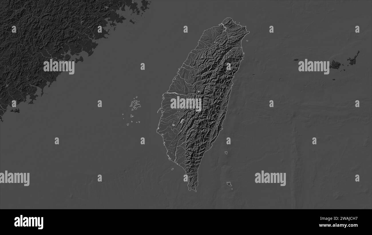 Taiwan highlighted on a Bilevel elevation map with lakes and rivers ...