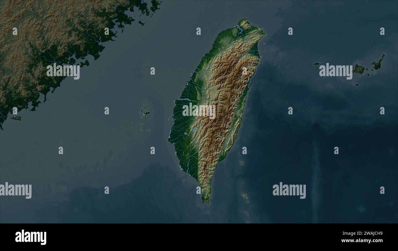 Taiwan highlighted on a Colored elevation map with lakes and rivers ...