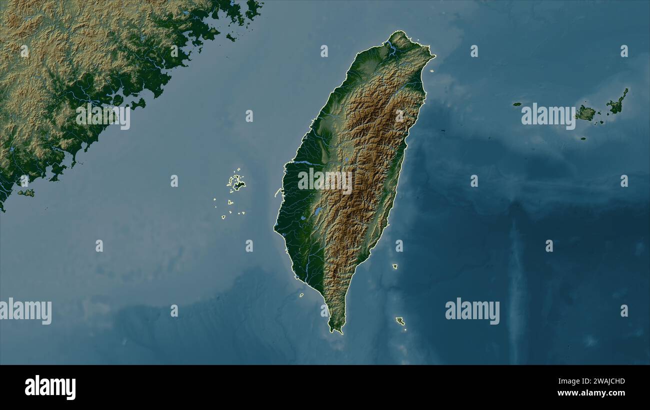 Taiwan outlined on a Colored elevation map with lakes and rivers Stock ...