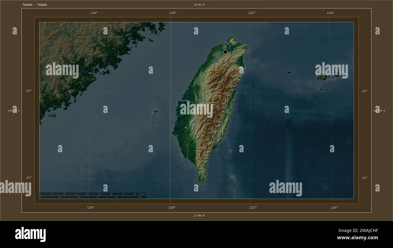 Taiwan highlighted on a Colored elevation map with lakes and rivers map ...