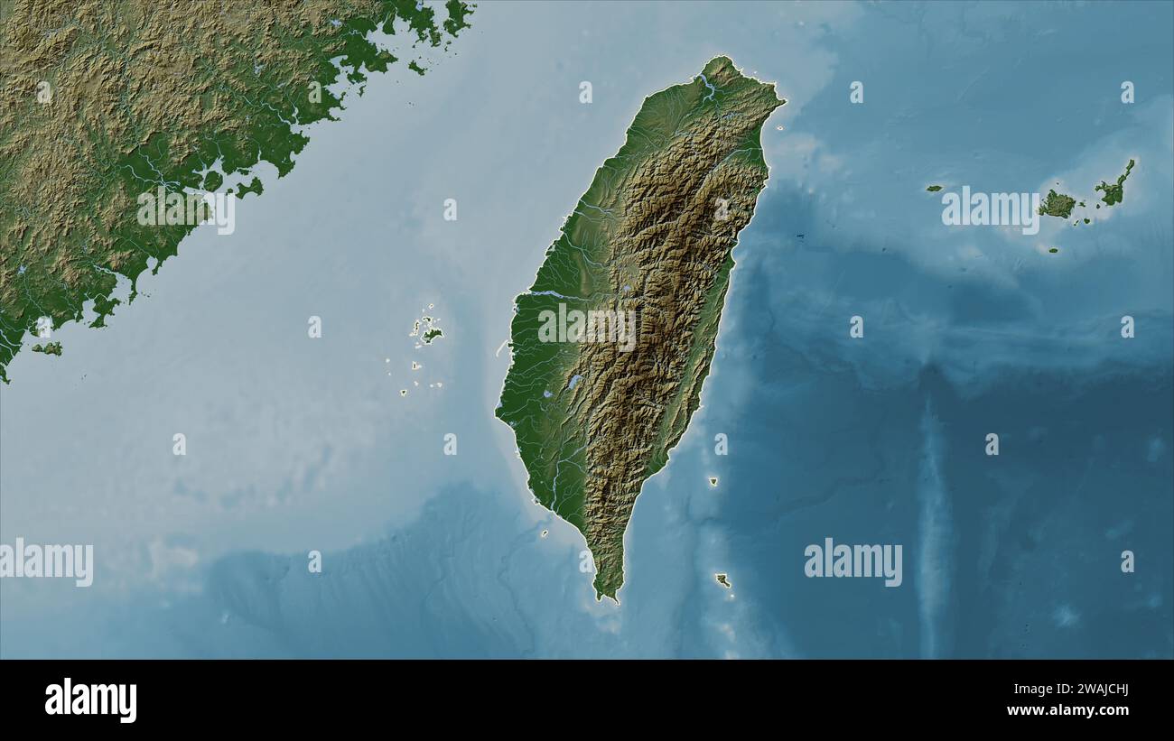 Taiwan outlined on a Pale colored elevation map with lakes and rivers ...