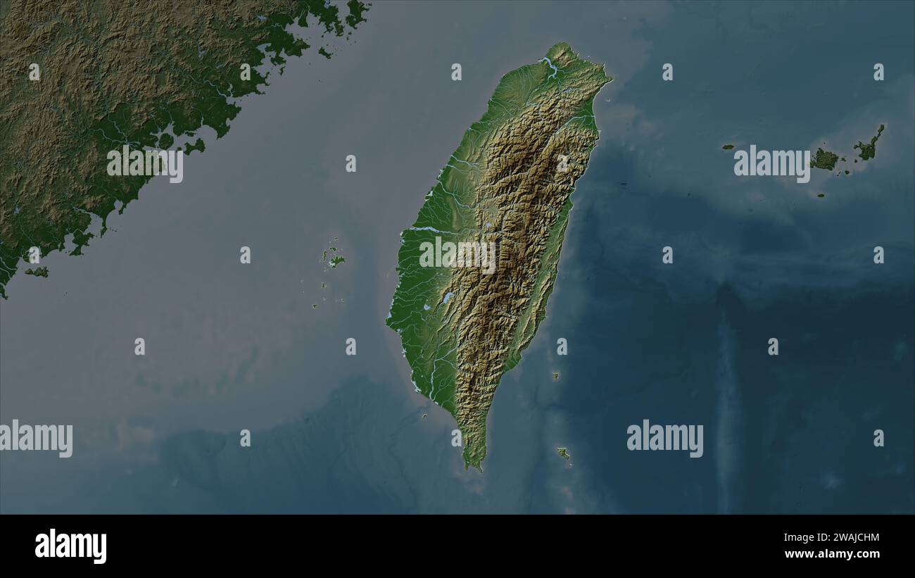 Taiwan highlighted on a Pale colored elevation map with lakes and ...