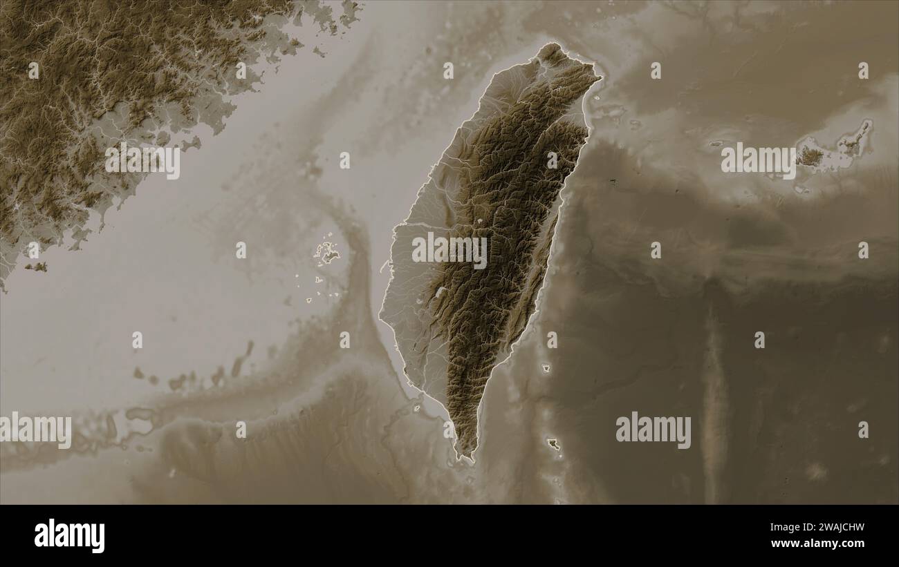 Taiwan outlined on a elevation map colored in sepia tones with lakes ...