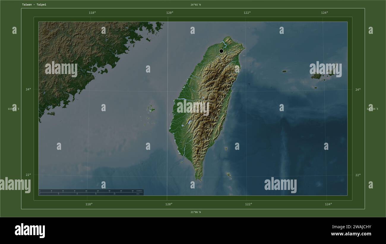 Taiwan highlighted on a Pale colored elevation map with lakes and ...
