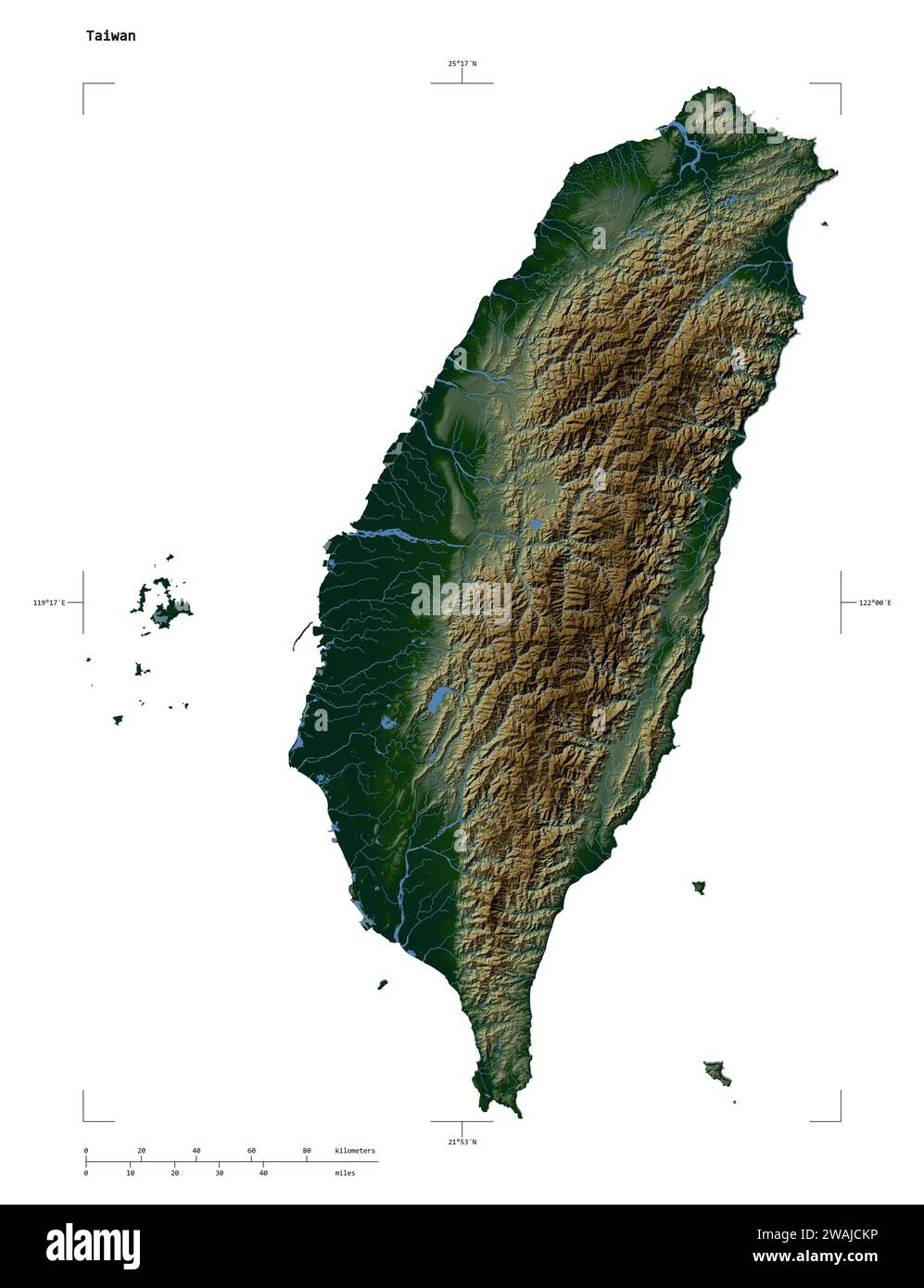 Shape of a Colored elevation map with lakes and rivers of the Taiwan ...