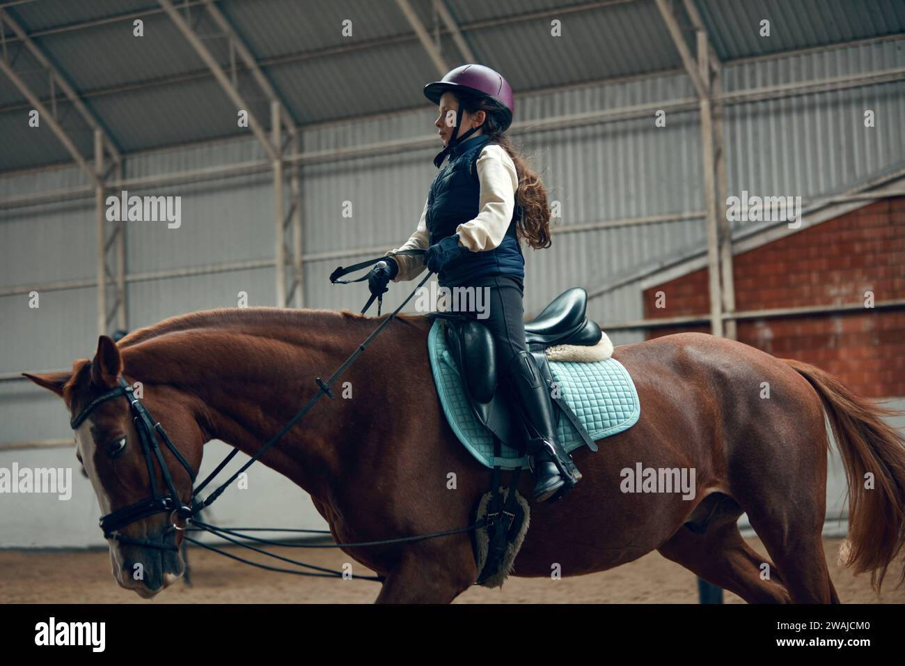 Little girl, kid, equestrian sitting in special uniform and helmet on ...