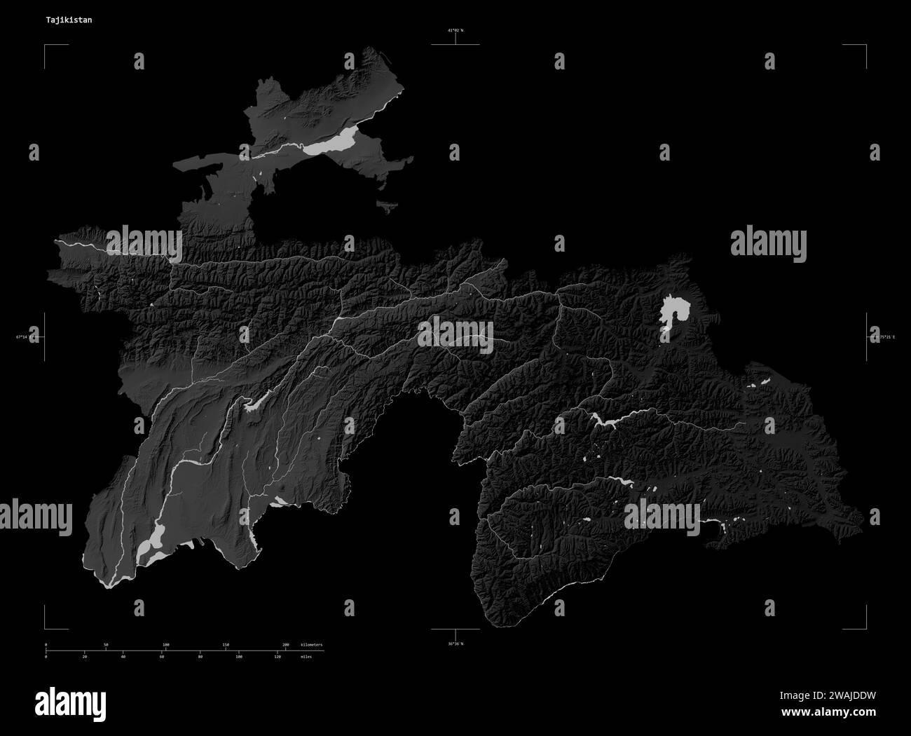 Shape of a Grayscale elevation map with lakes and rivers of the Tajikistan, with distance scale ...