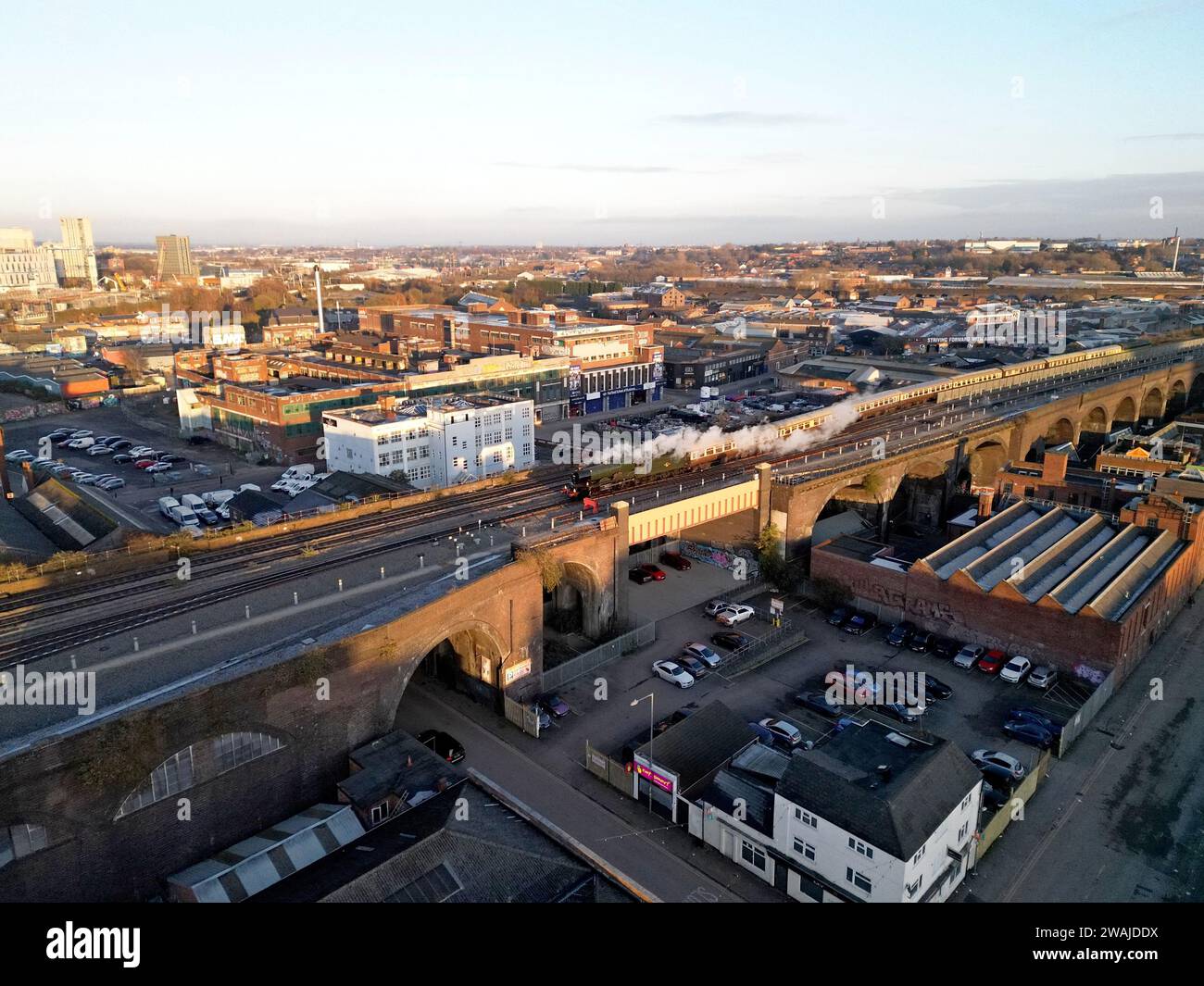 Drone view of GWR steam loco 7029 Clun Castle heading to Moor Street ...