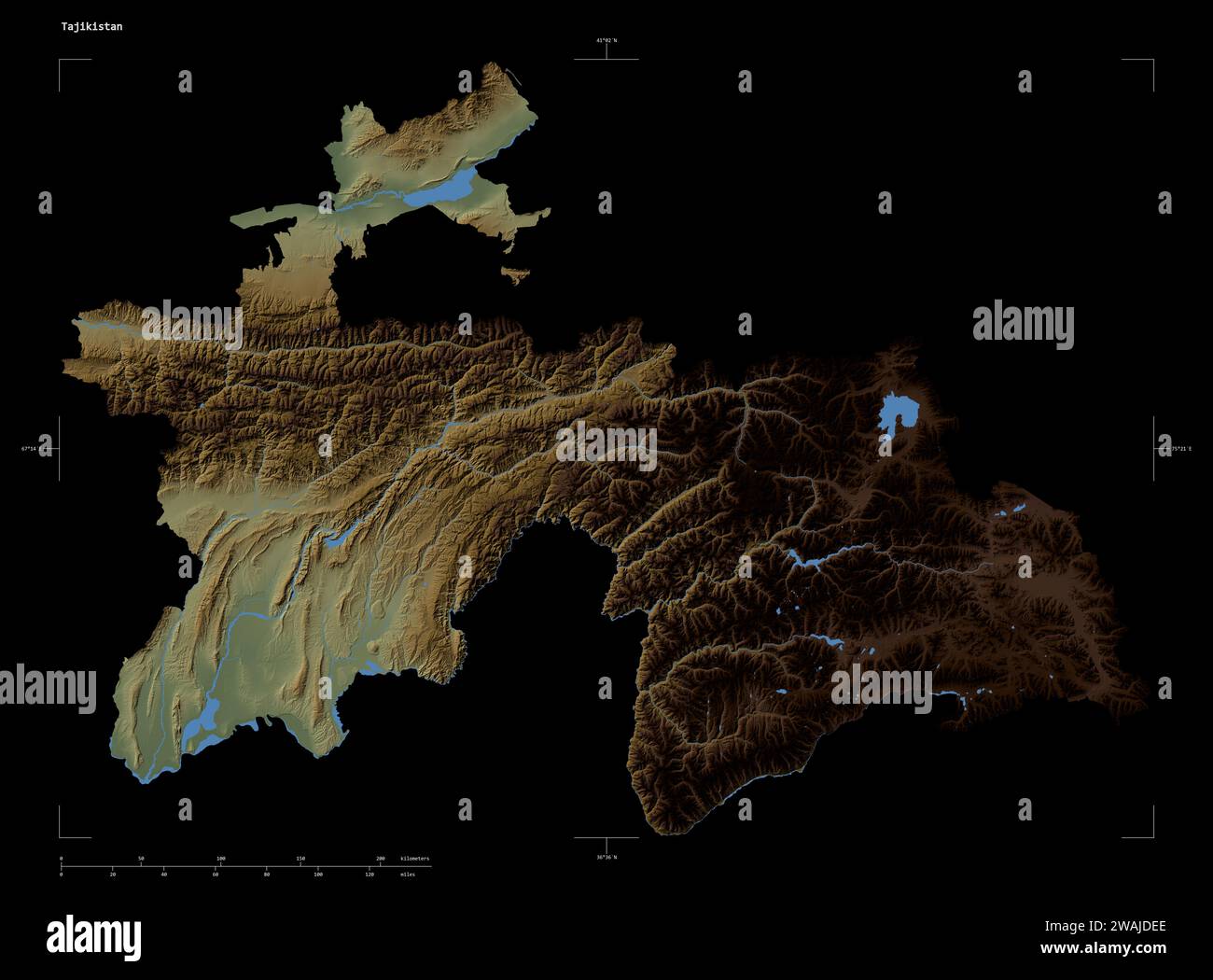 Shape of a Colored elevation map with lakes and rivers of the ...