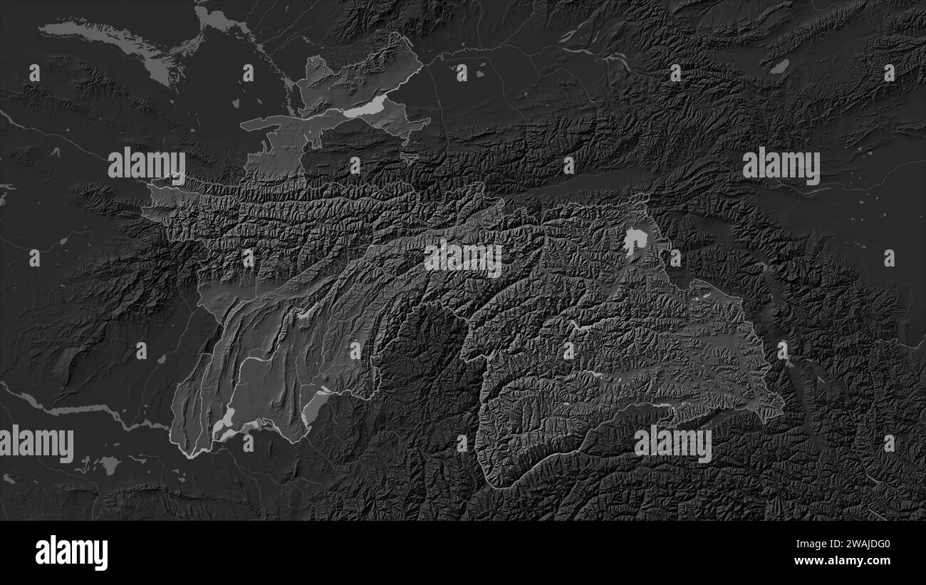 Tajikistan highlighted on a Bilevel elevation map with lakes and rivers ...