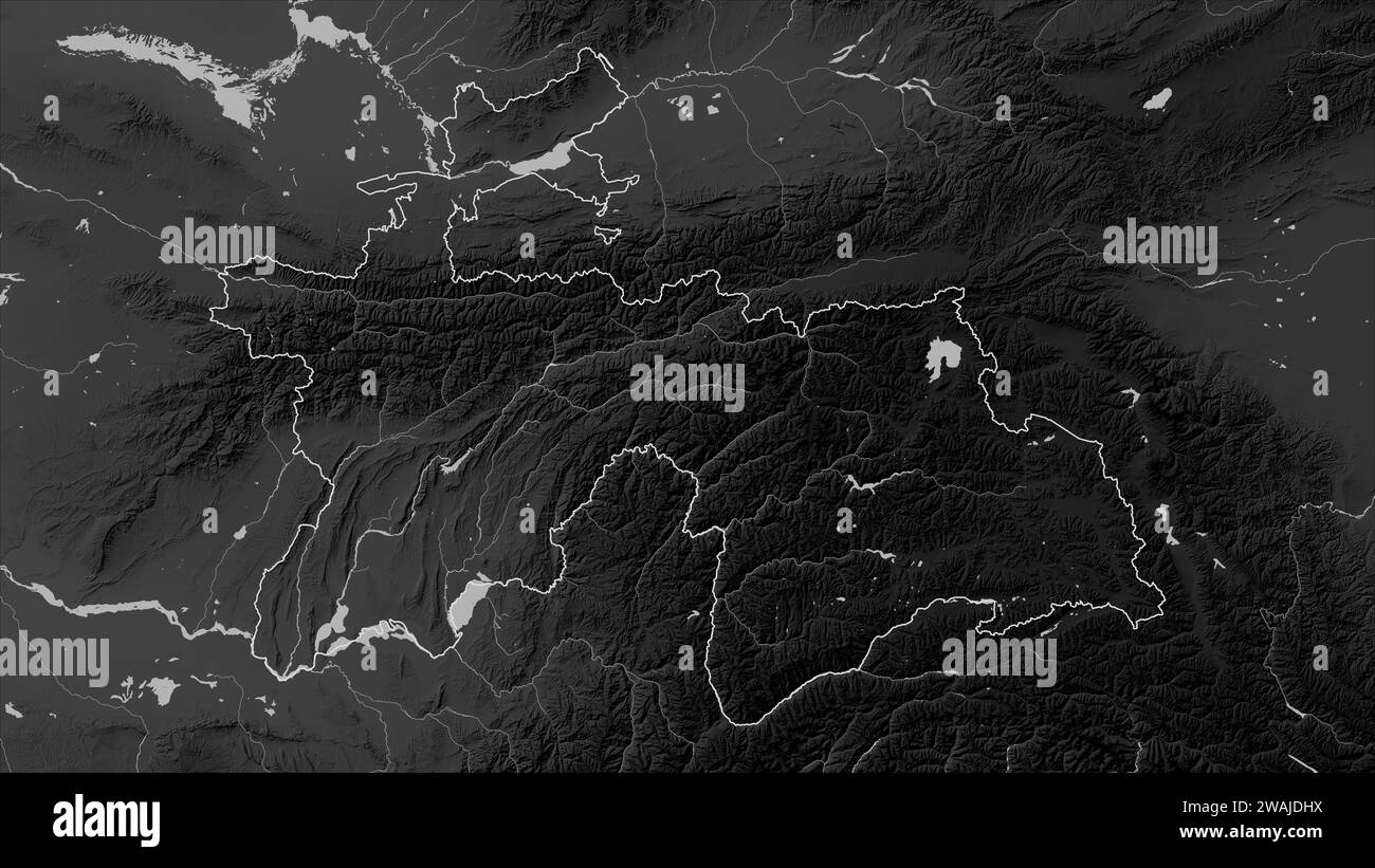 Tajikistan outlined on a Grayscale elevation map with lakes and rivers Stock Photo - Alamy