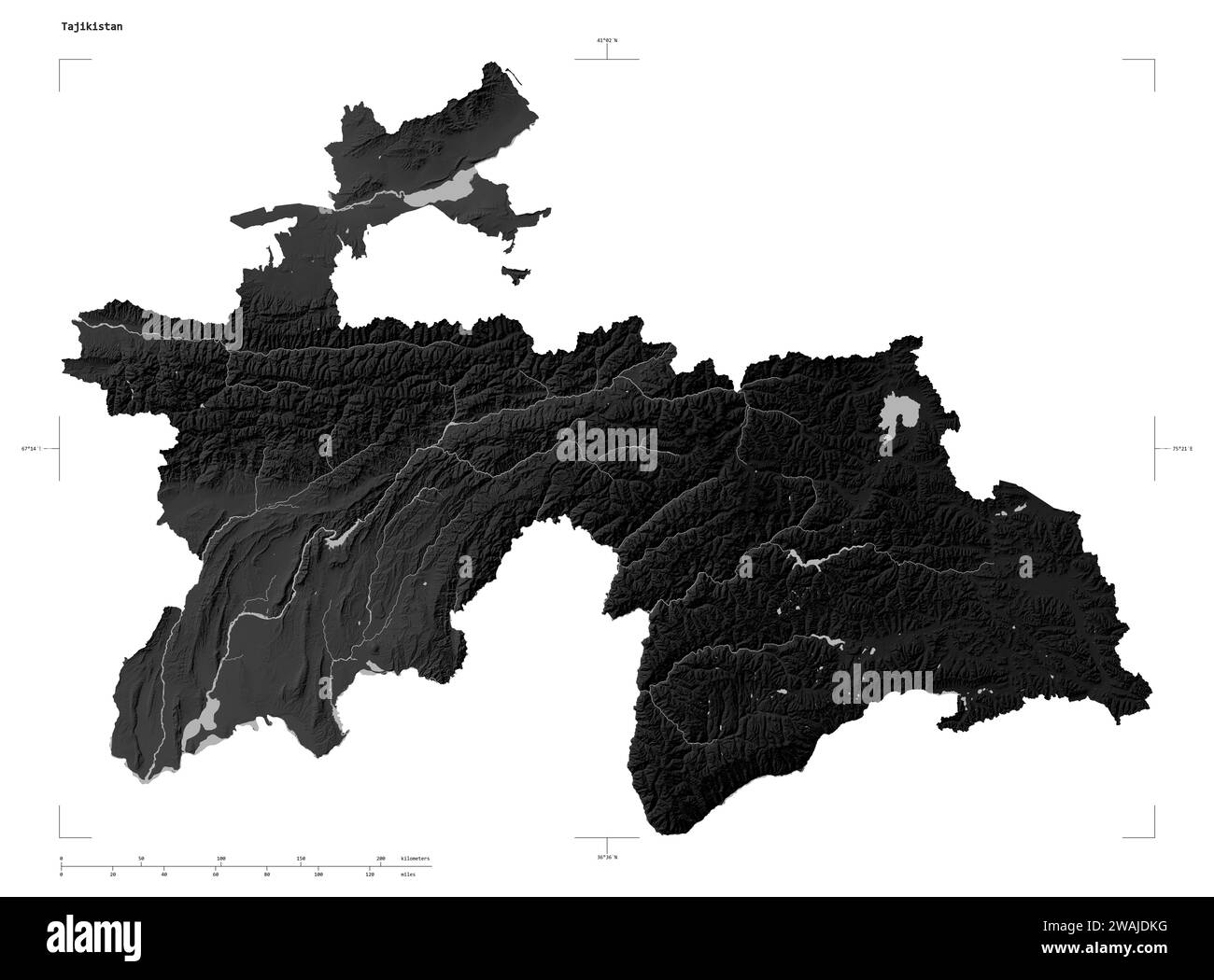 Shape of a Grayscale elevation map with lakes and rivers of the Tajikistan, with distance scale ...